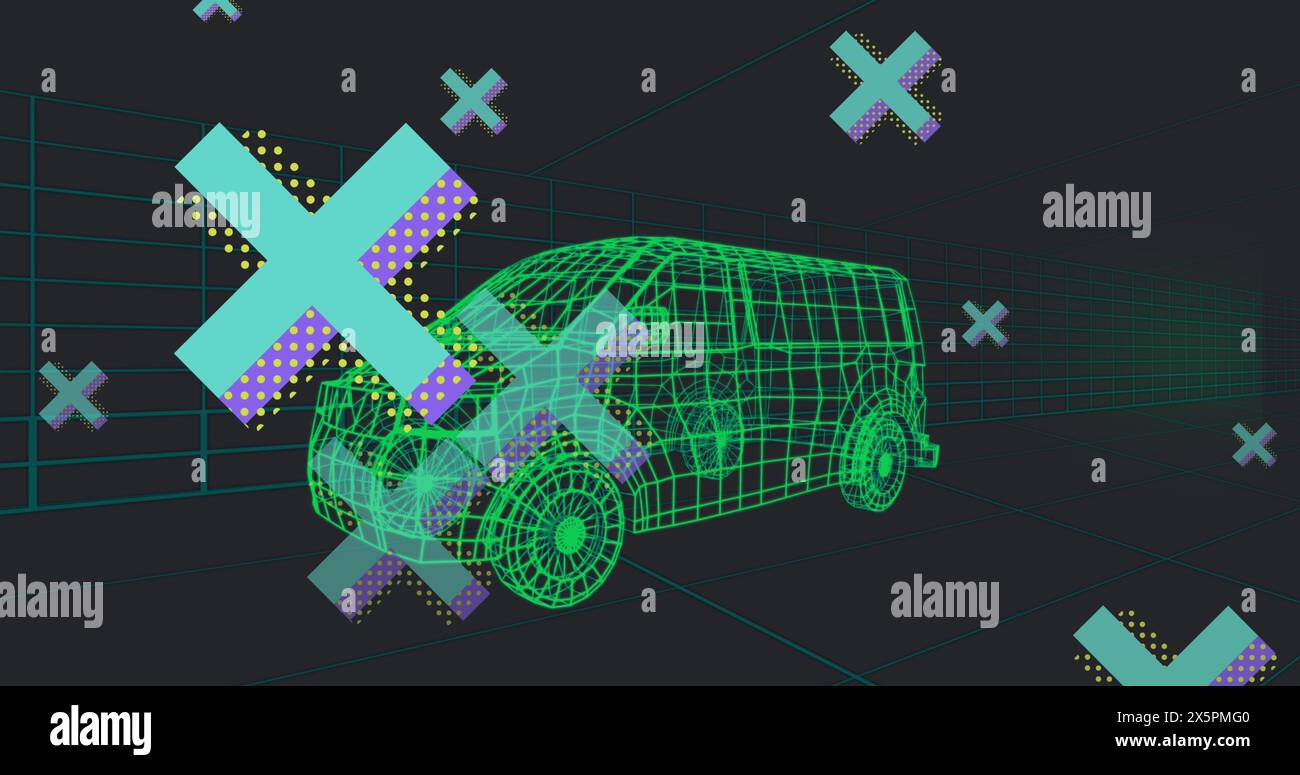 Image of abstract cross shapes over 3d van model moving in seamless ...