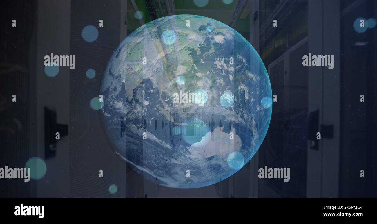 Image of globe and circles falling over data server racks Stock Photo ...