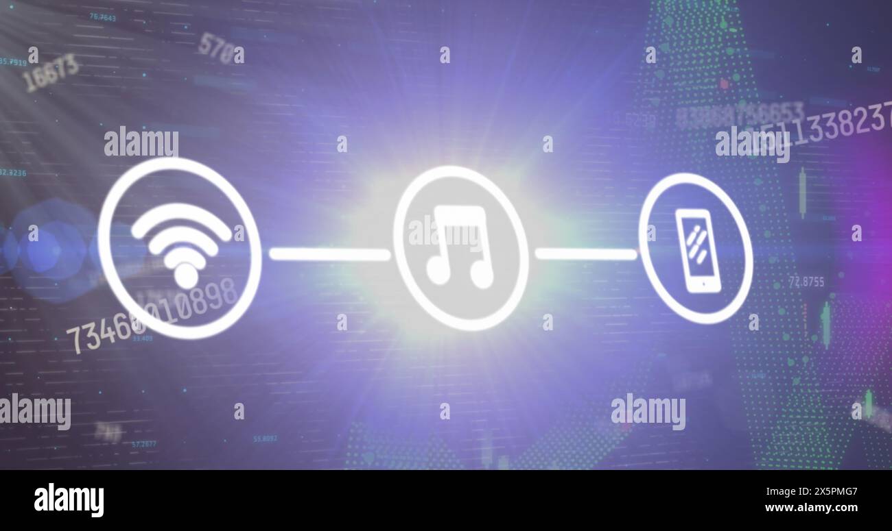 Image of changing numbers, network of digital icons, light spot and ...