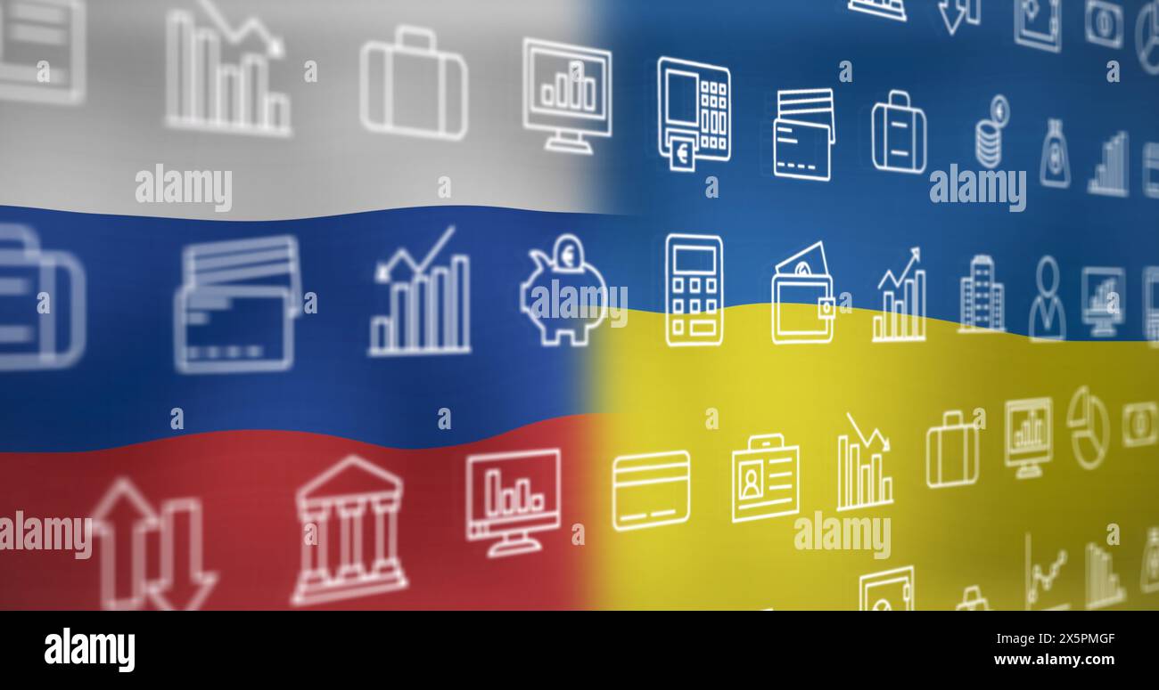 Image of interface with multiple digital icons against waving russia ...