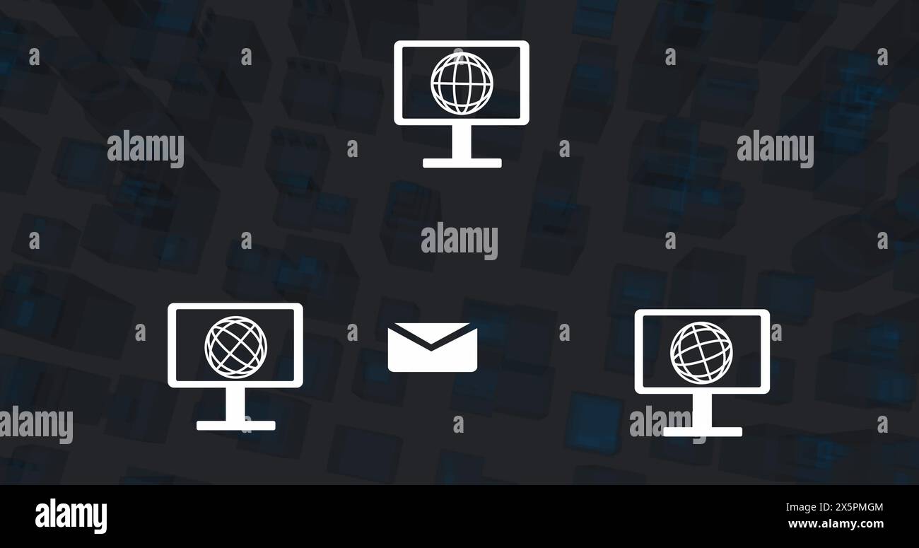 Image of computer networking icons over 3d shapes in seamless pattern ...