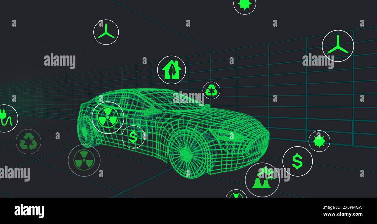 Image of multiple digital icons floating over 3d car model moving in ...
