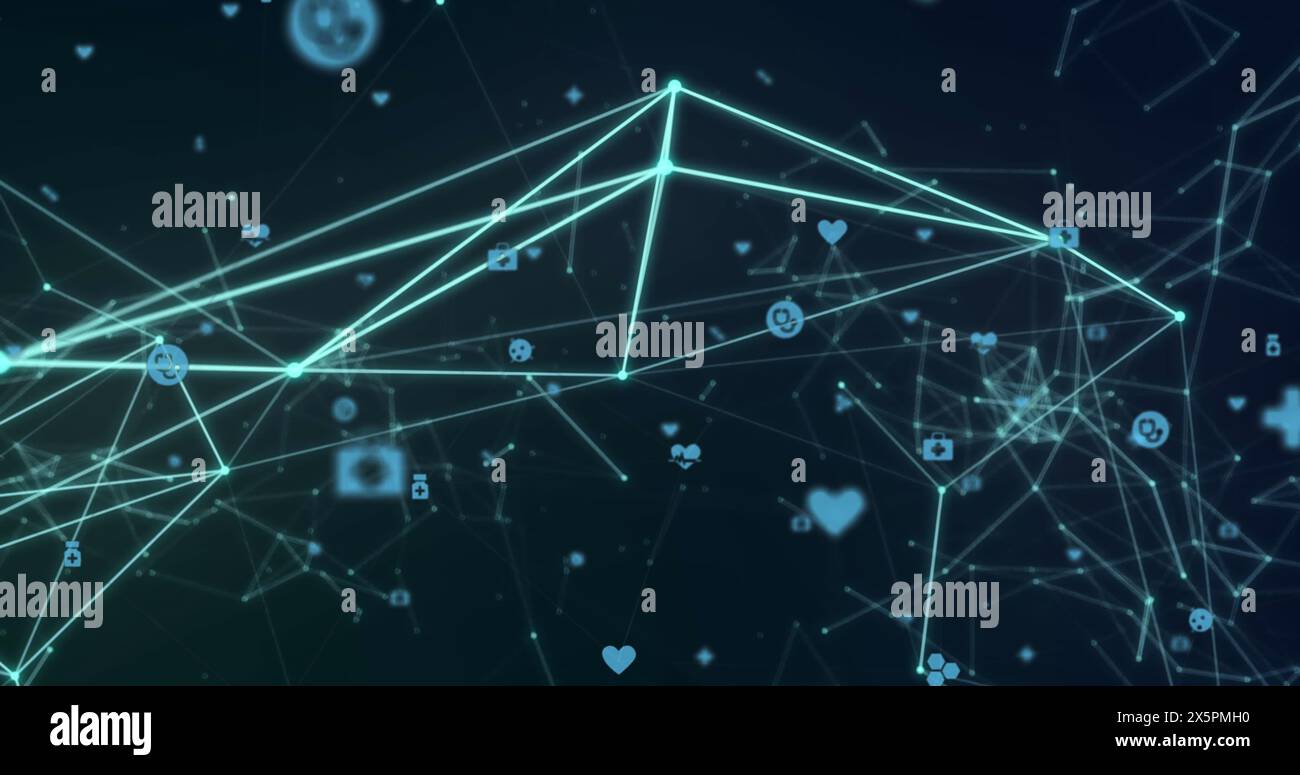 Image of network of connections and medical icons against black ...
