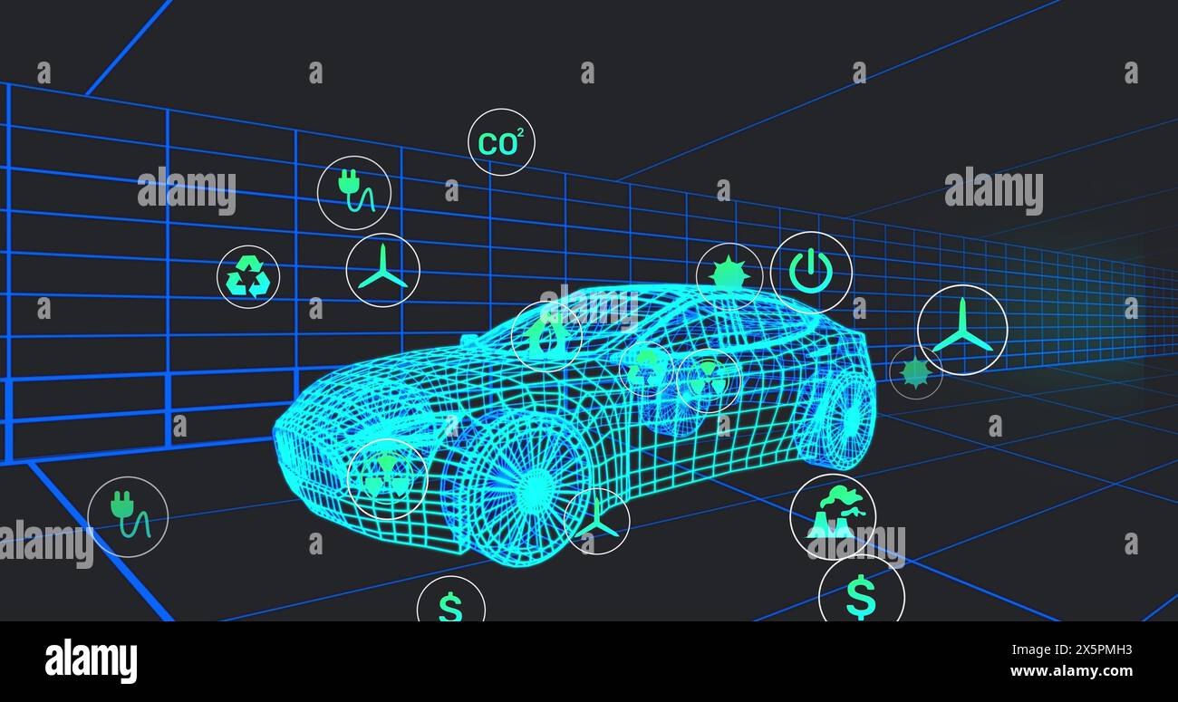 Image of multiple digital icons floating over 3d car model moving in ...