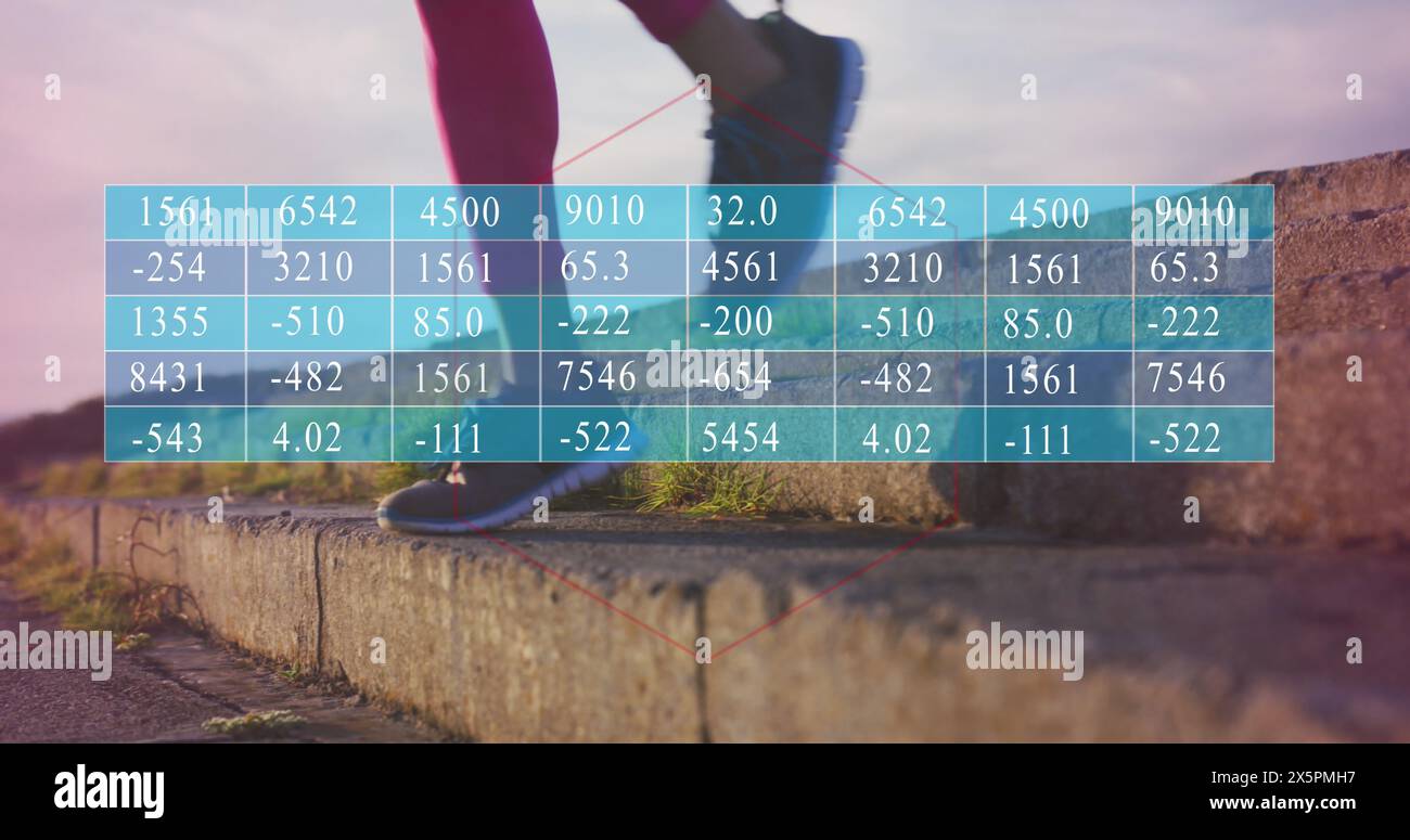 Image of financial data processing over biracial woman running down ...