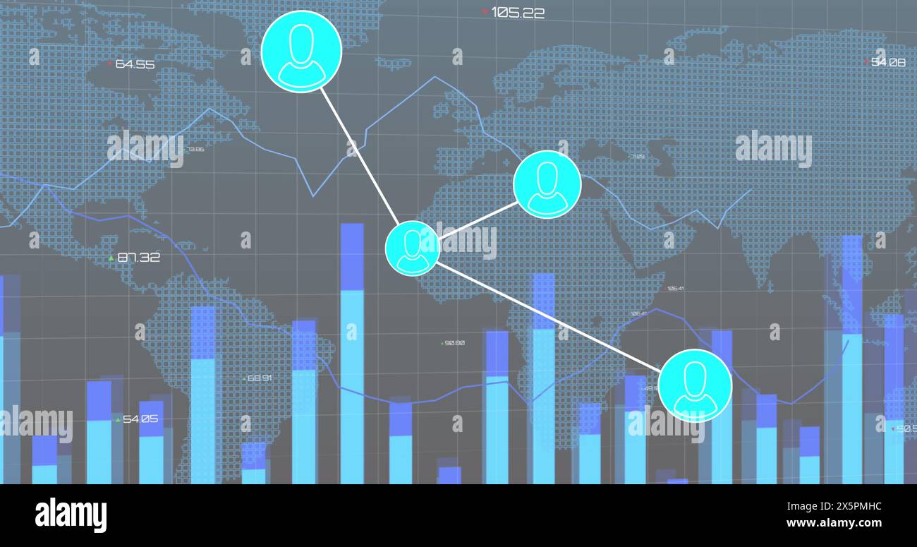 Image of network of profile icons, statistical data processing over ...