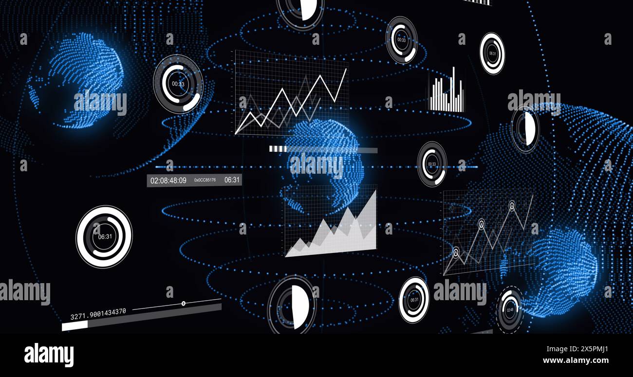Image of multiple graphs, loading bars, circles and multiple globes over black background Stock ...