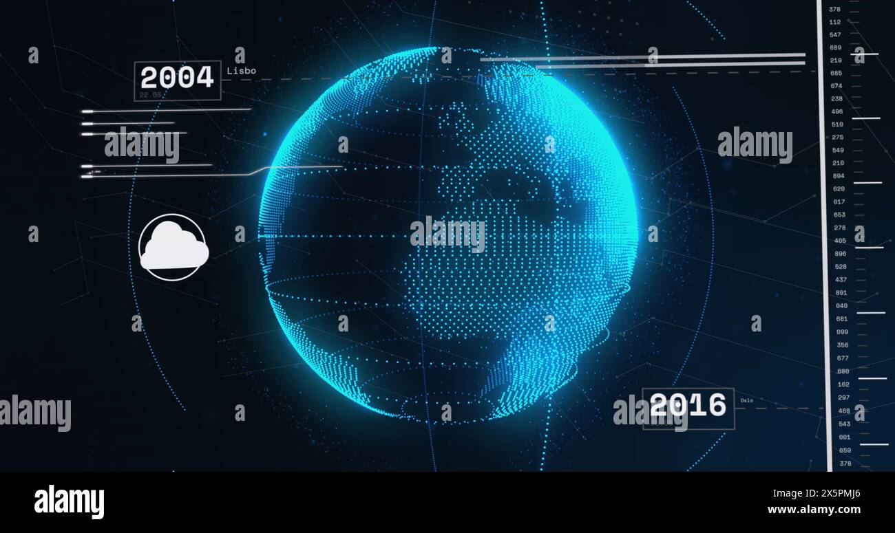 Image of flowchart of icons with lines, changing numbers over rotating globe Stock Photo - Alamy