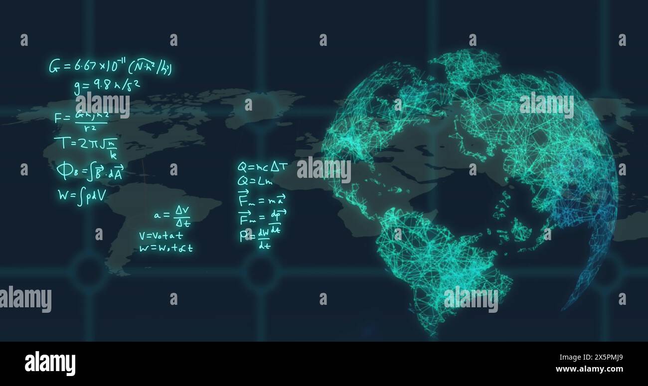 Image of mathematical equations and rotating globe over map in ...