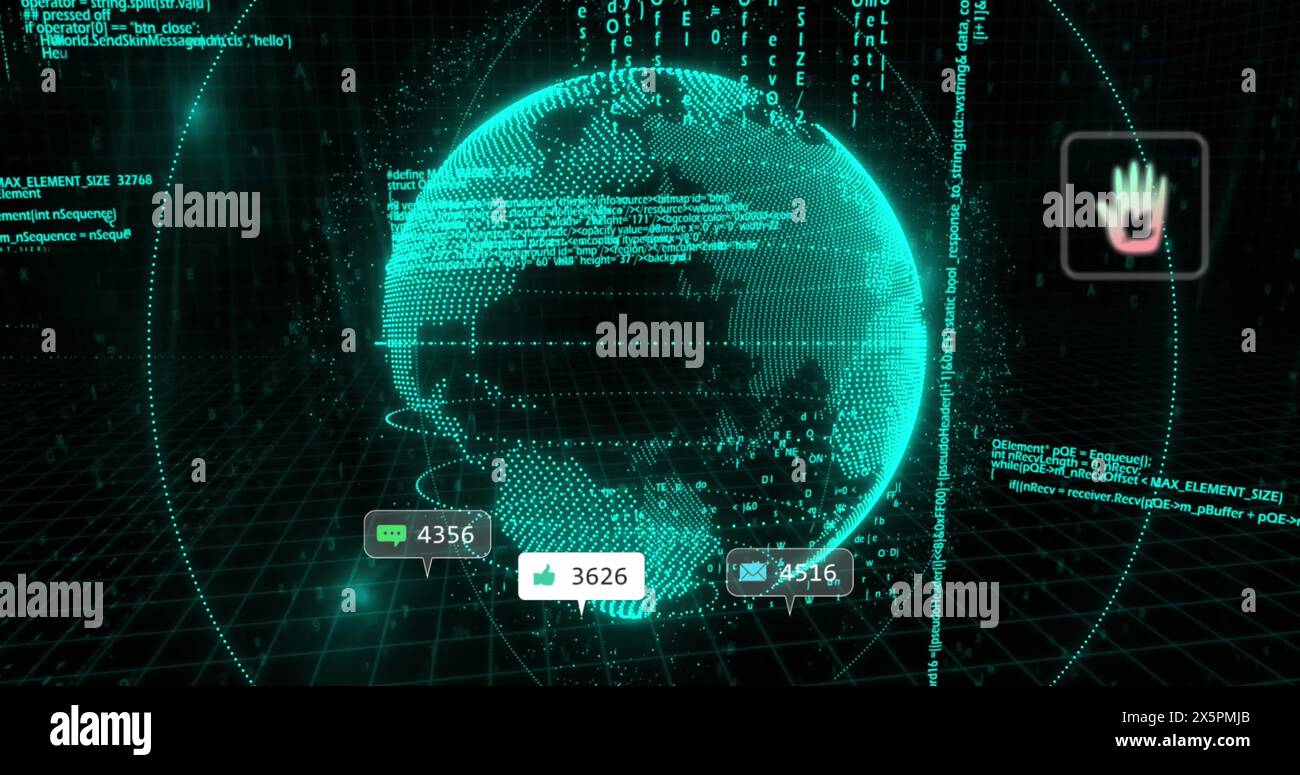 Image of social media icons over spinning globe and data processing against black background ...