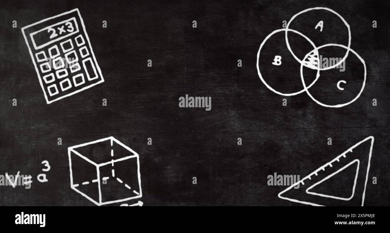 Image of mathematics concept icons against copy space on black board ...