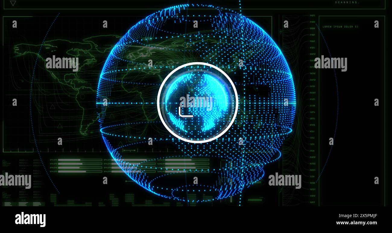 Image of message icon over spinning globe against interface with world map and data processing ...
