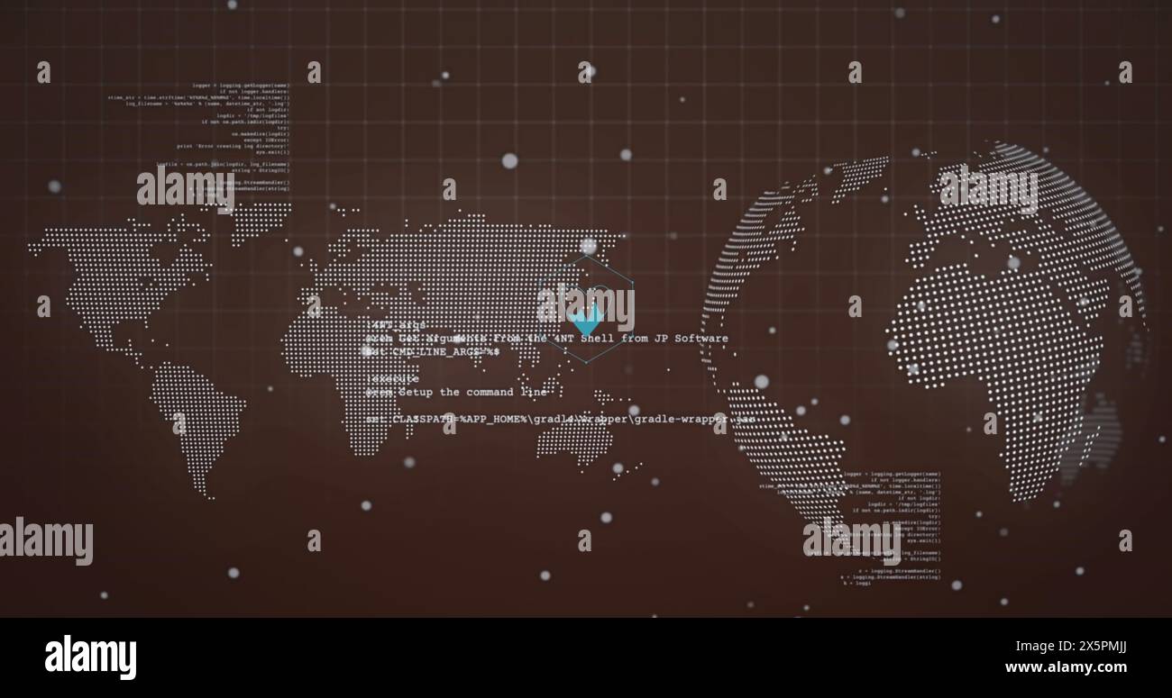 Image of icons, computer language, globe and map over gray background ...