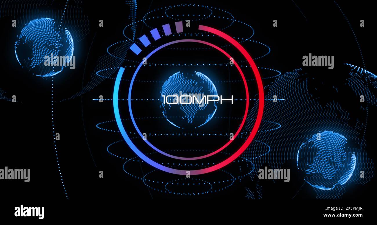 Image of changing numbers and globe in loading circles over globes against black background ...