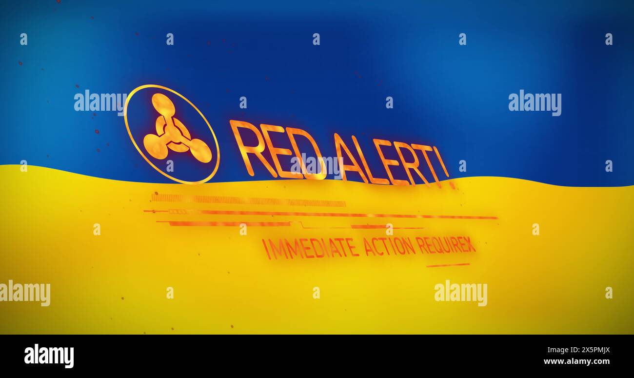 Image of red alert text banner with radioactive symbol against ukraine ...