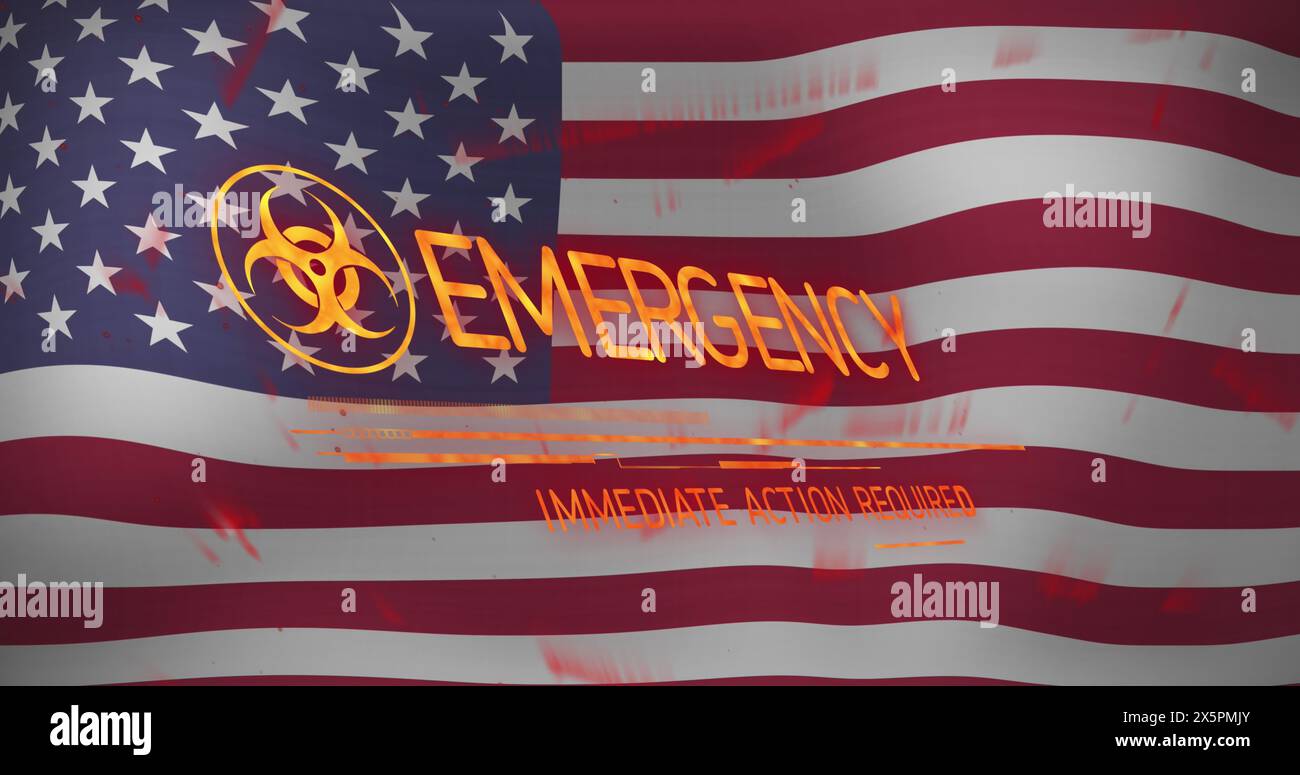 Image of emergency text banner with biohazard symbol against waving usa ...