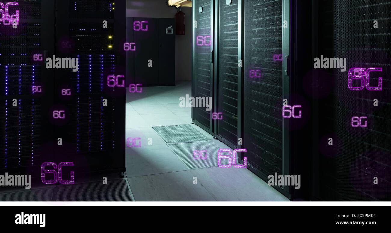 Image of 6g text banners floating against computer server room Stock Photo - Alamy