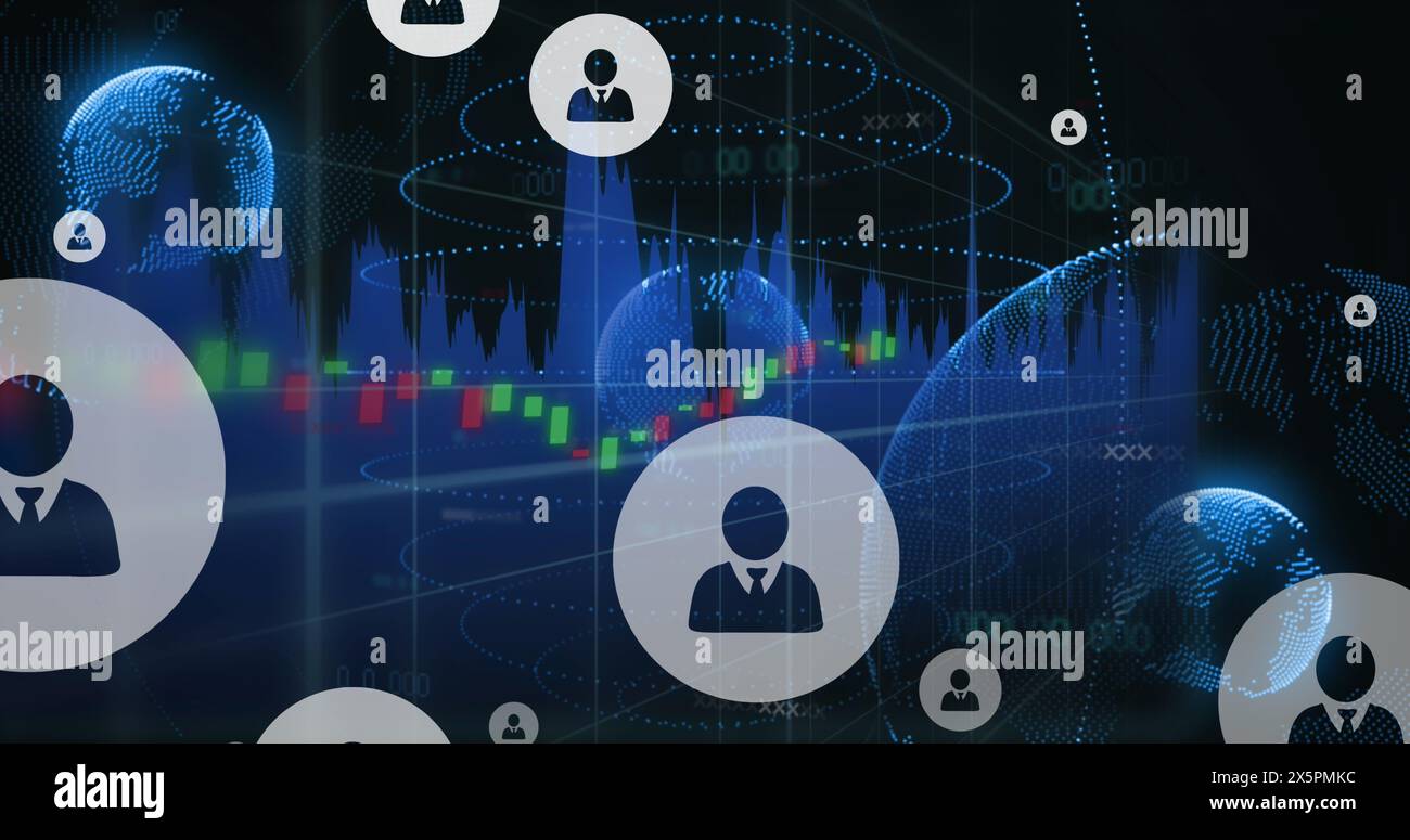 Image of profile icons floating over spinning globe and data processing ...