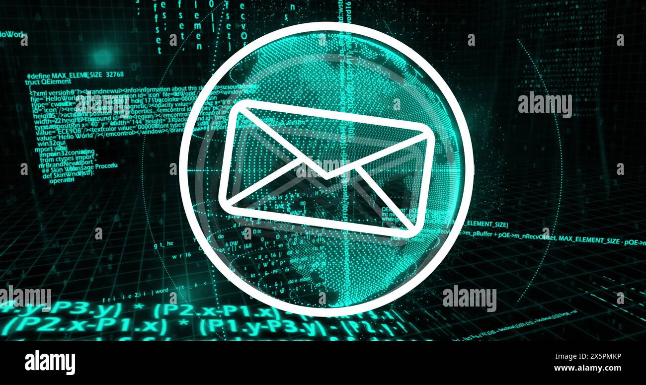 Image of message icon over spinning globe and data processing against black background Stock ...