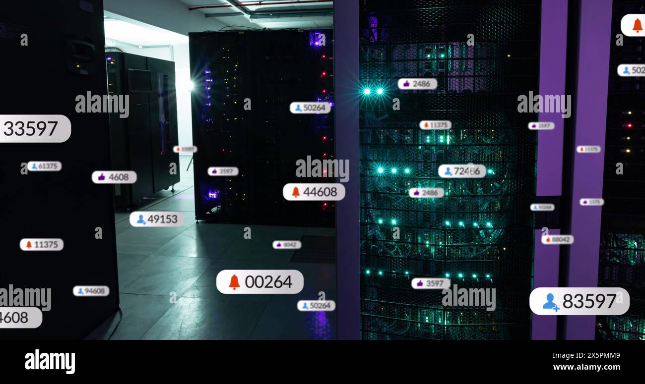 Image of notifications icons and numbers over data server systems Stock ...