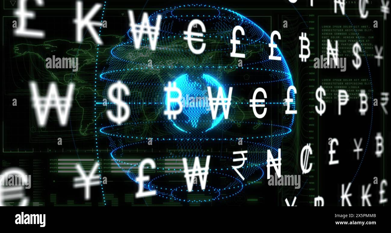 Image of currency symbols over globe against interface with world map ...
