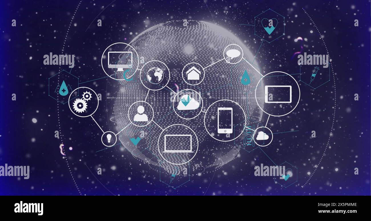 Animation icons around globe connected hi-res stock photography and images - Alamy