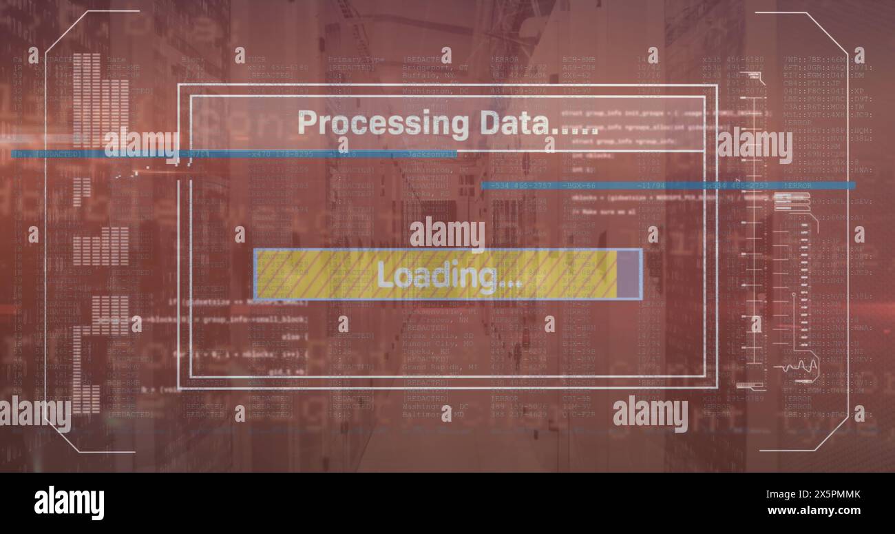 Image of text, loading bars and computer language over data server room Stock Photo - Alamy