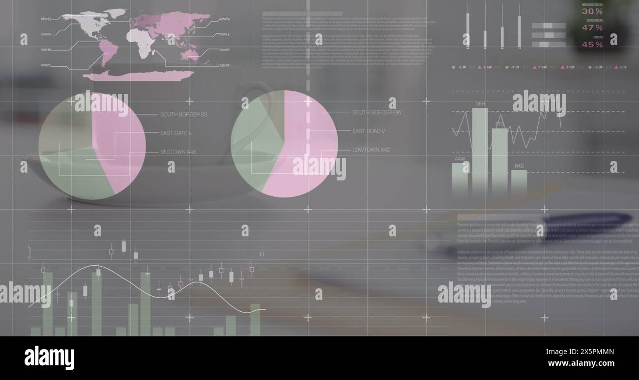 Image of infographic interface over pen, notepad and coffee cup on desk ...