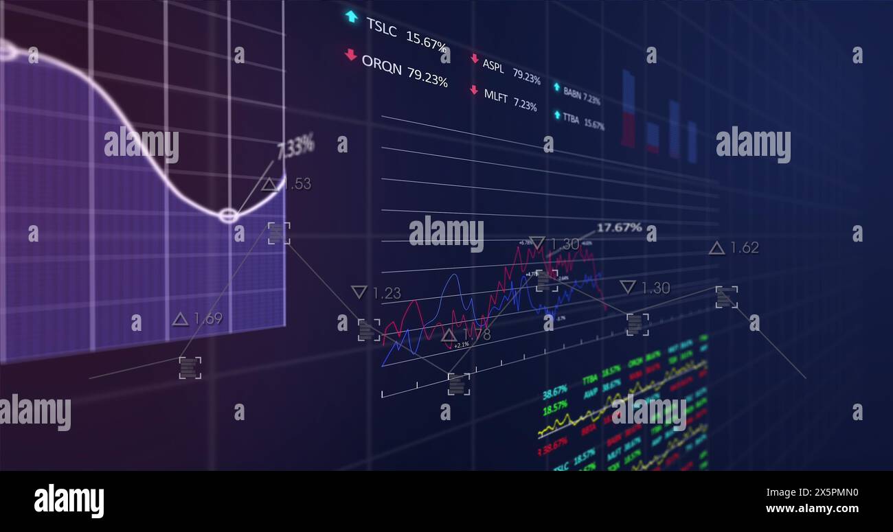 Image of multiple graphs with changing numbers and trading boards over black background Stock ...