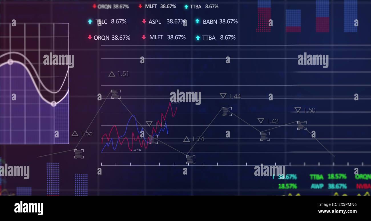 Image of graphs, changing numbers, trading boards and computer language over black background ...
