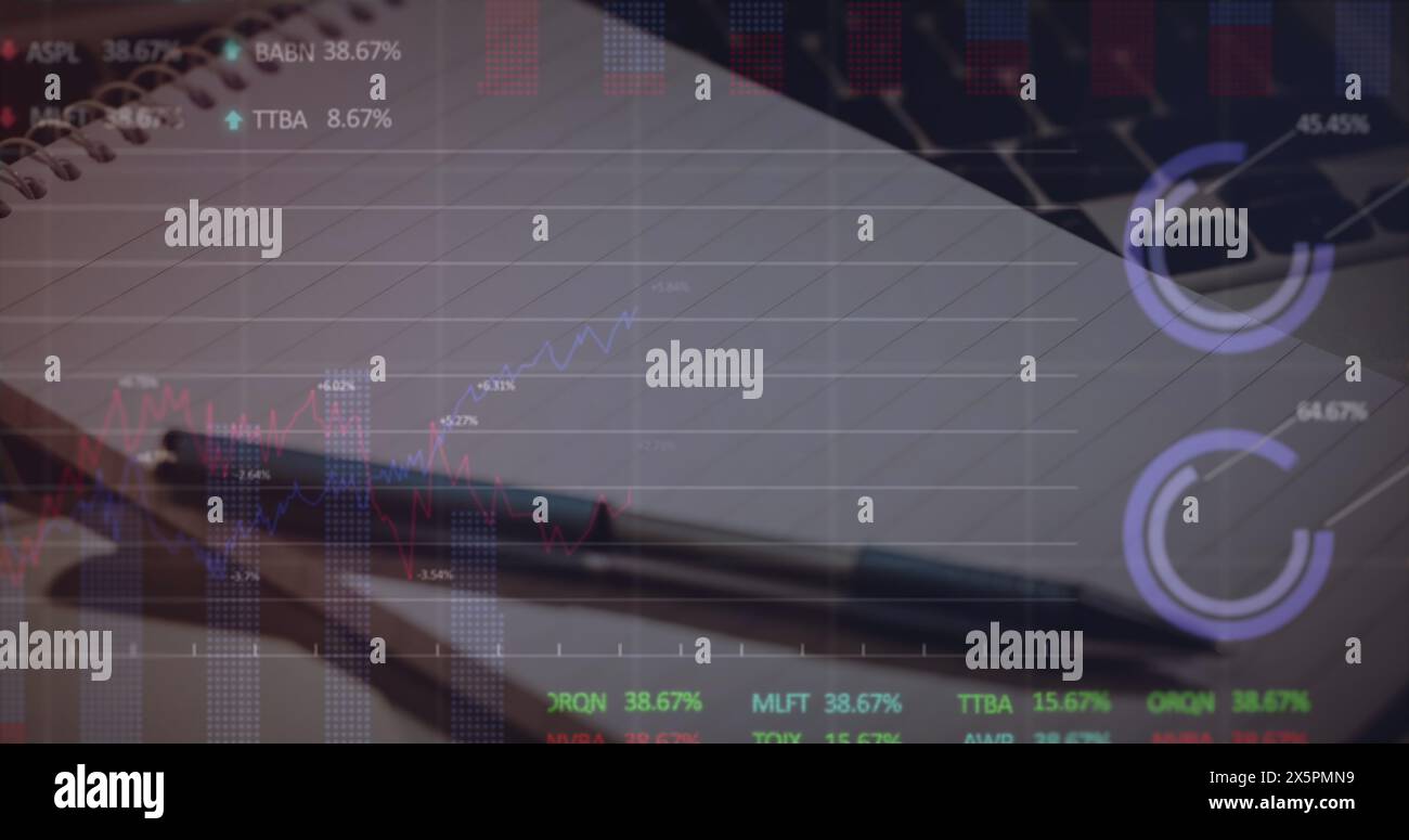 Image of multiple graphs and trading boards over pen on notepad with ...