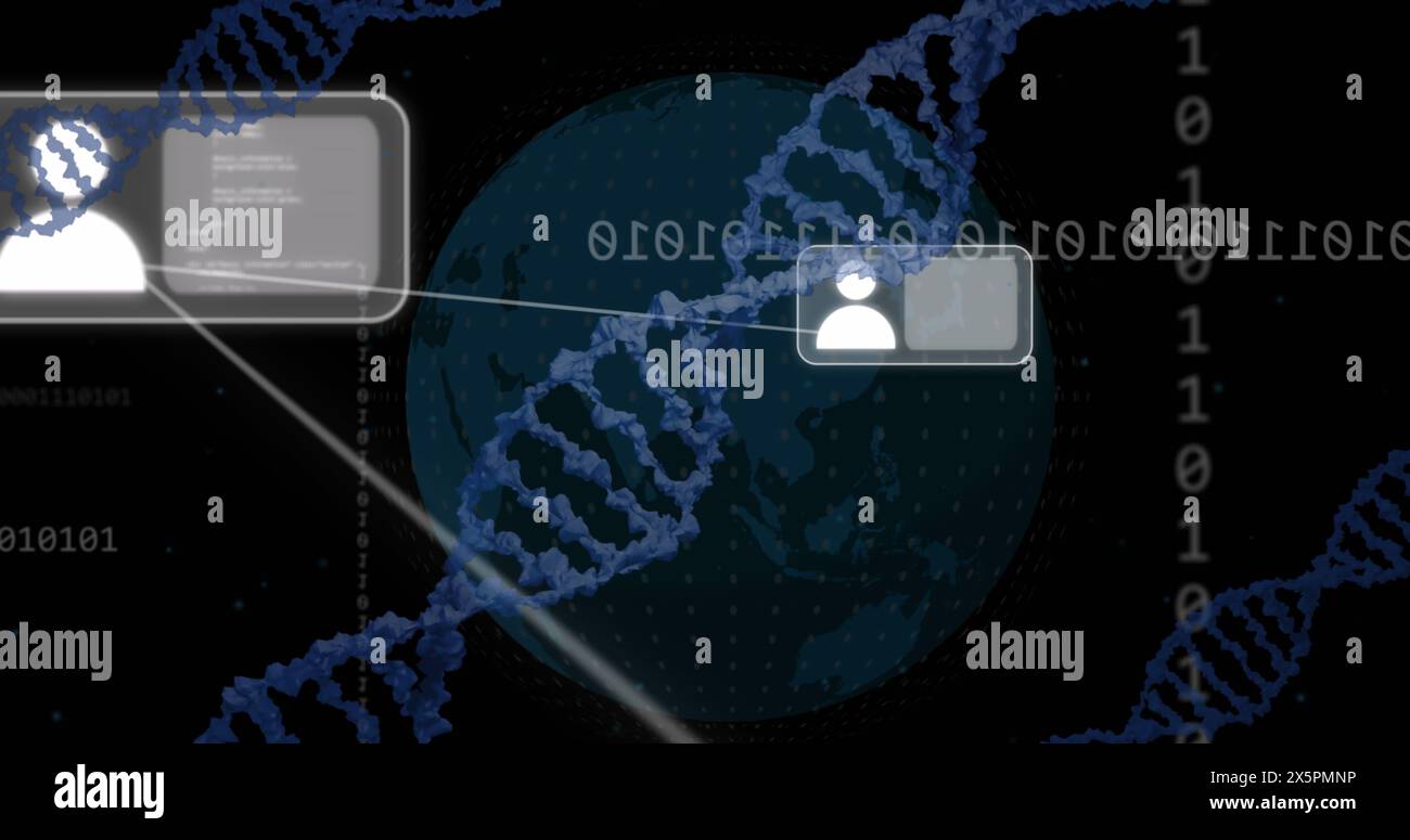Image Of Computer Language Binary Codes Dna Helixes And Globe Over Black Background Stock