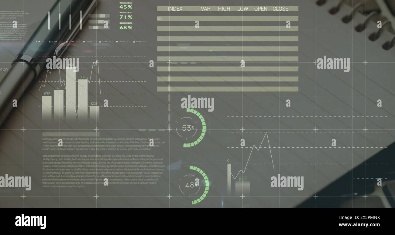 Image of multicolored infographic interface over pen on notepad Stock ...