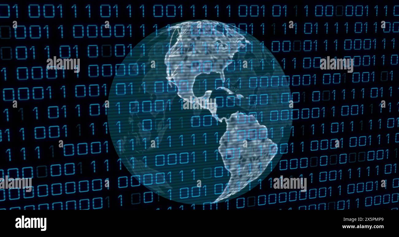 Image of binary codes and lines around rotating globe over black background Stock Photo - Alamy