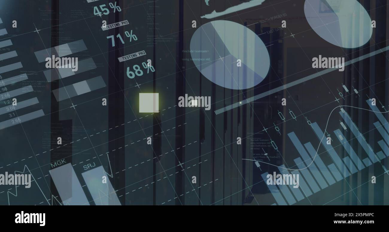 Image of infographic interface and computer language over data server ...