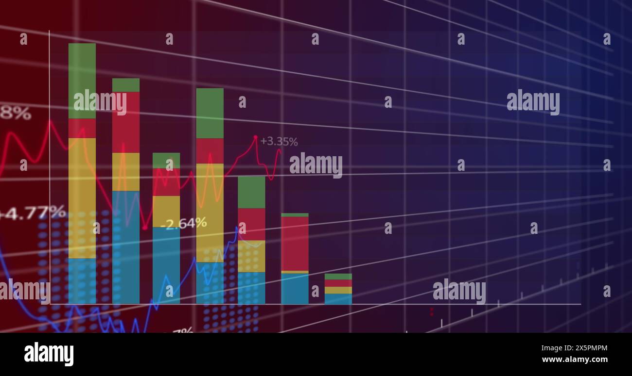 Image of multiple graphs with changing numbers over grid pattern against black background Stock ...