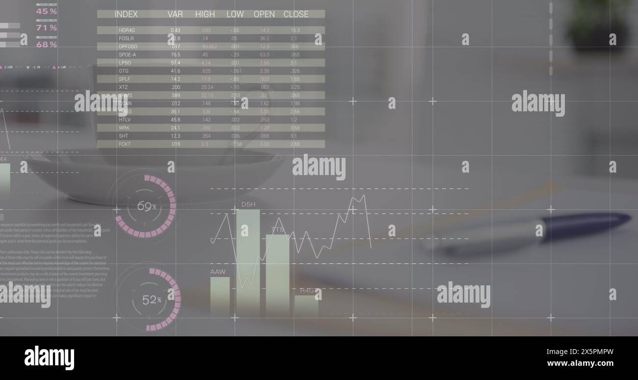 Image of infographic interface over pen, notepad and coffee cup on desk ...