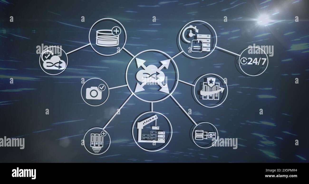 Image of flowchart of icons over circular abstract pattern and lens ...