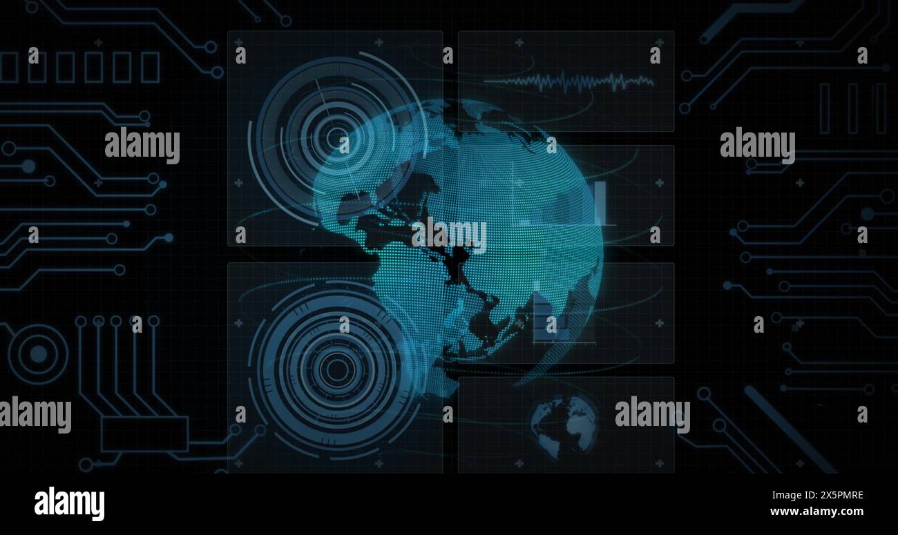 Image of circles, graphs, globe, circuit board pattern over globe against black background Stock ...