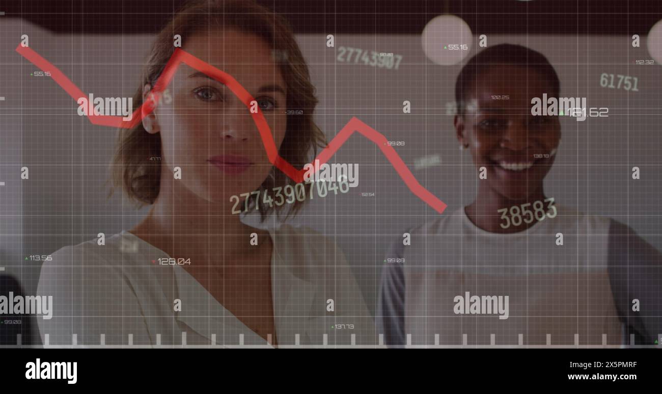 Image of changing numbers and red graph over portrait of two diverse ...