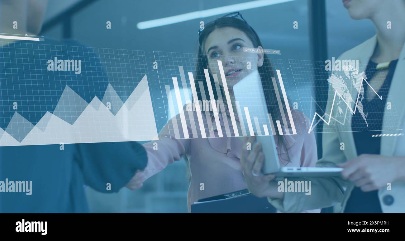 Image of data processing over caucasian woman shaking hands with male ...