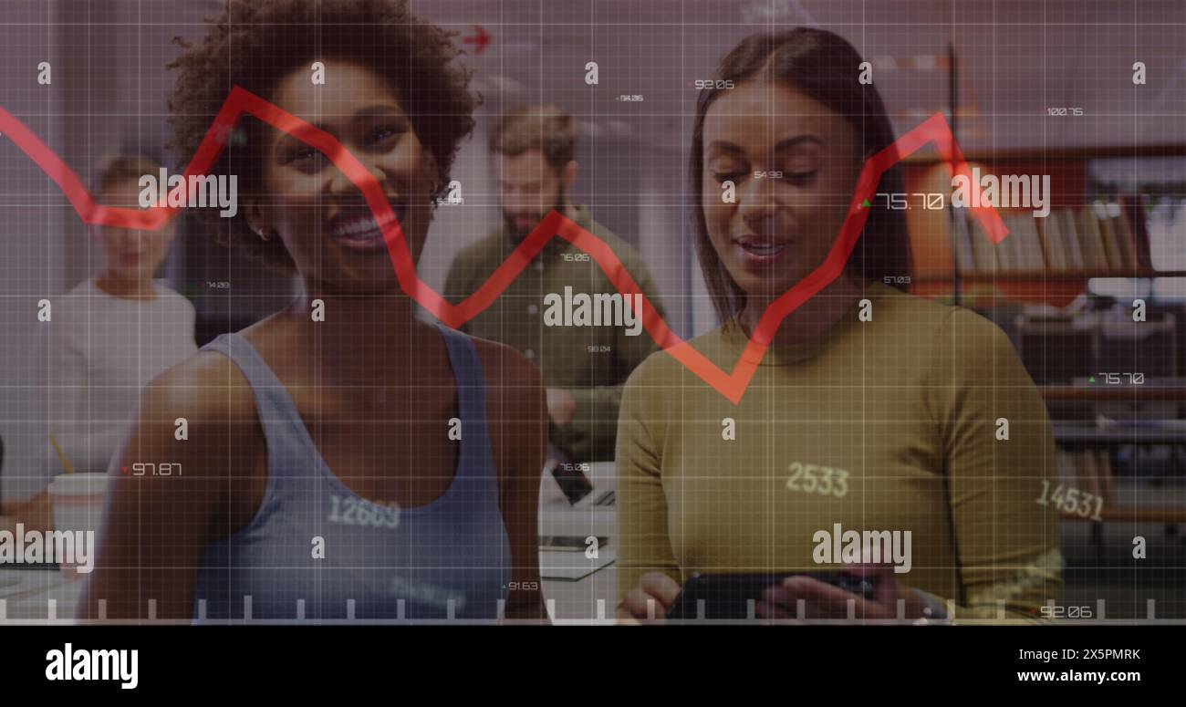 Image of changing numbers and red graph against two diverse women ...