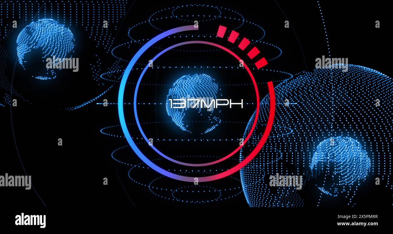 Image of changing numbers and globe in loading circles over globes against black background ...