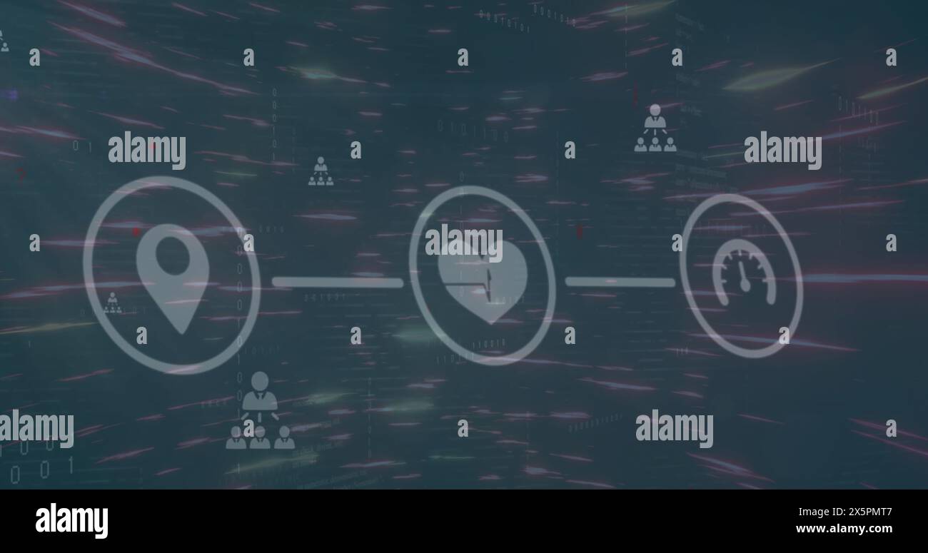 Image of flowchart and profile icons over circular abstract pattern against abstract background ...