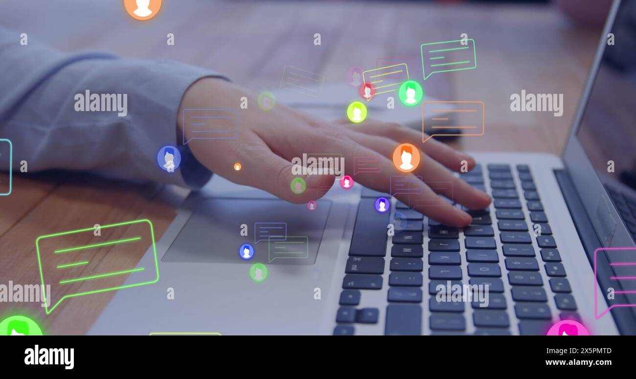 Image of profile icons floating against mid section of man using laptop ...