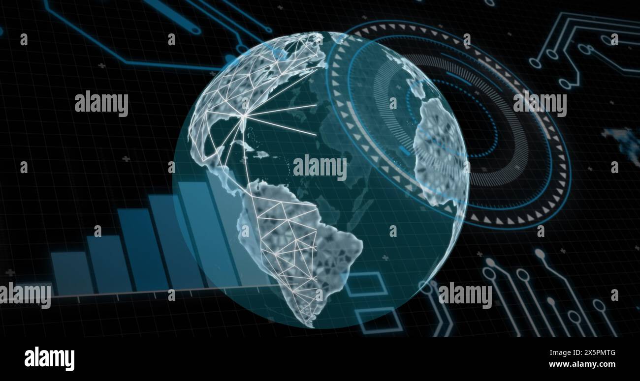 Image of loading circles, graphs, globe and circuit board pattern over black background Stock ...