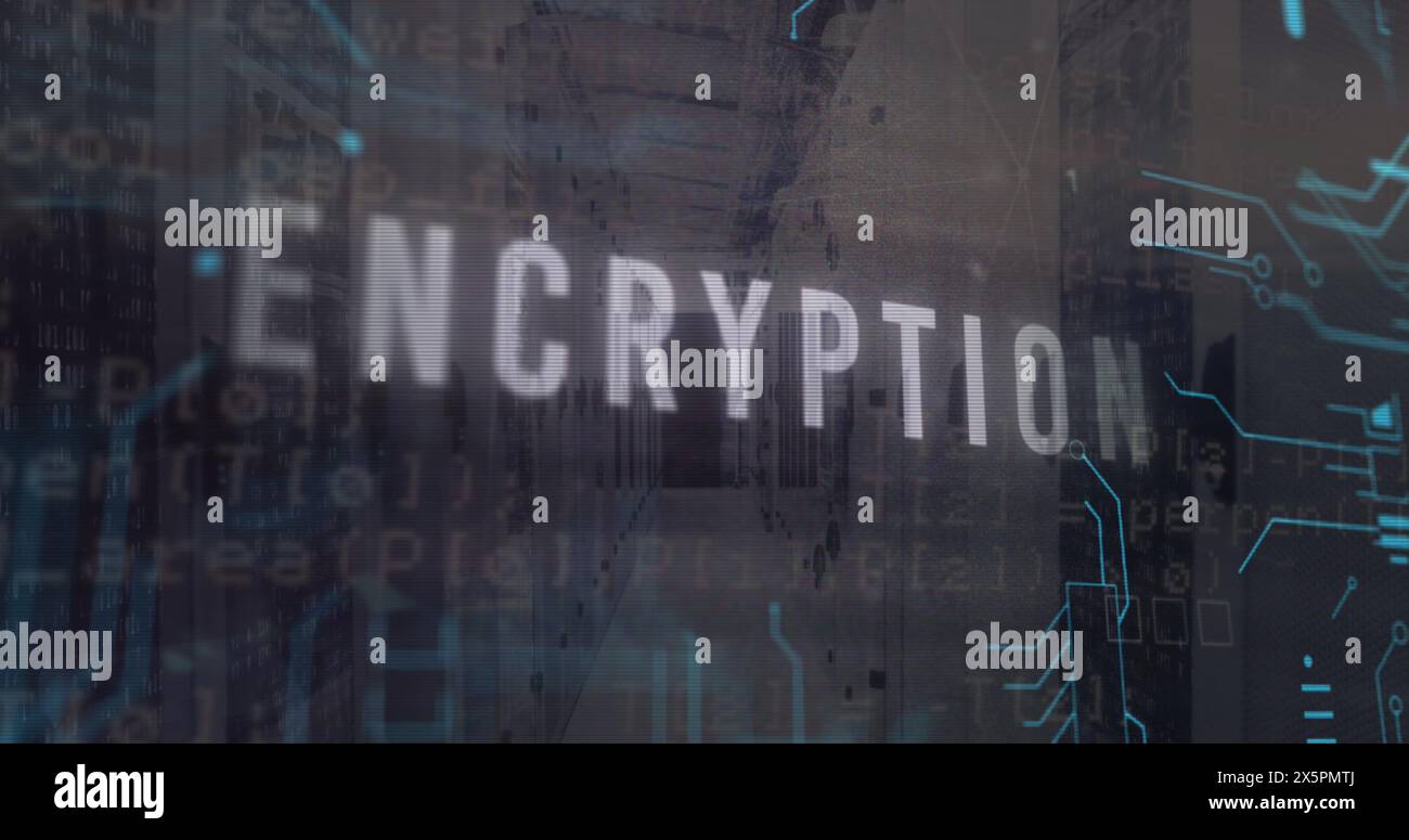 Image of encryption text and computer language over server room Stock ...