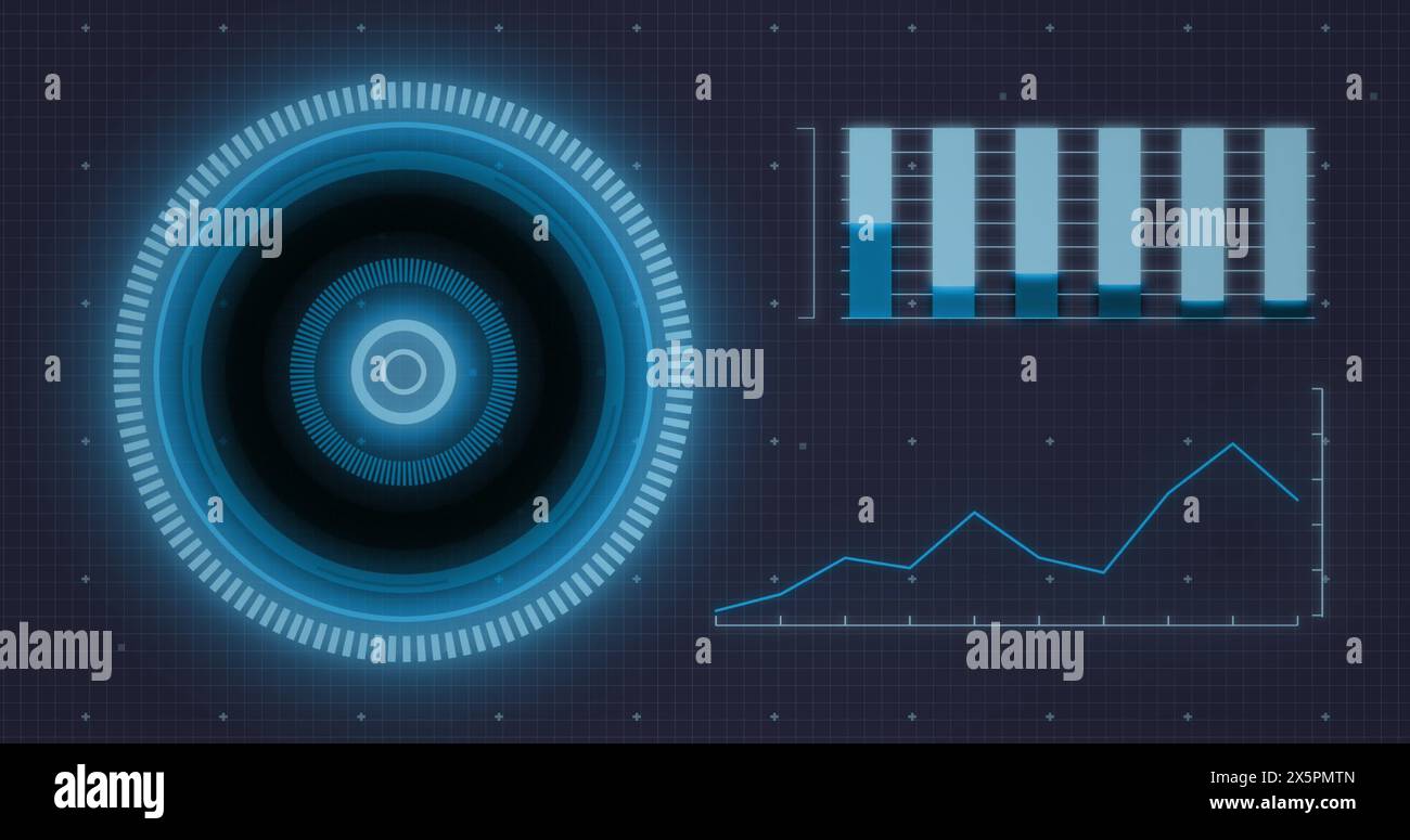 Image of interface with neon round scanner and data processing against blue background Stock ...