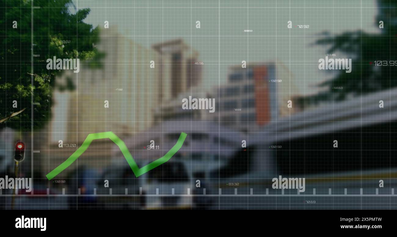 Image of graphs and changing numbers over time lapse people walking ...