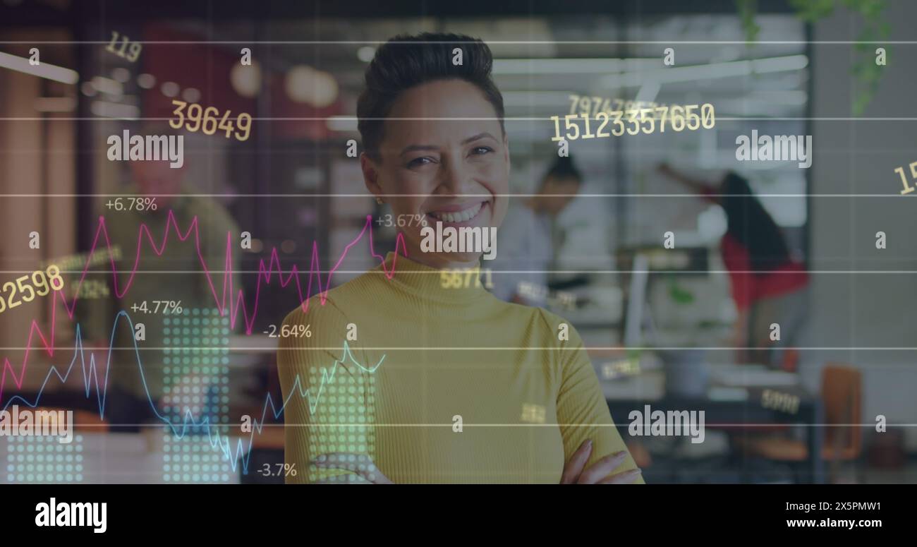 Image of statistical data processing against portrait of biracial woman ...